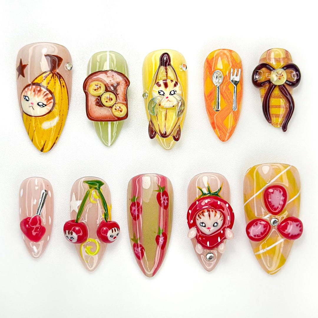 Banana Cat Press on Nails | Cute Fruit Nail Art | 3D Food Nails ...