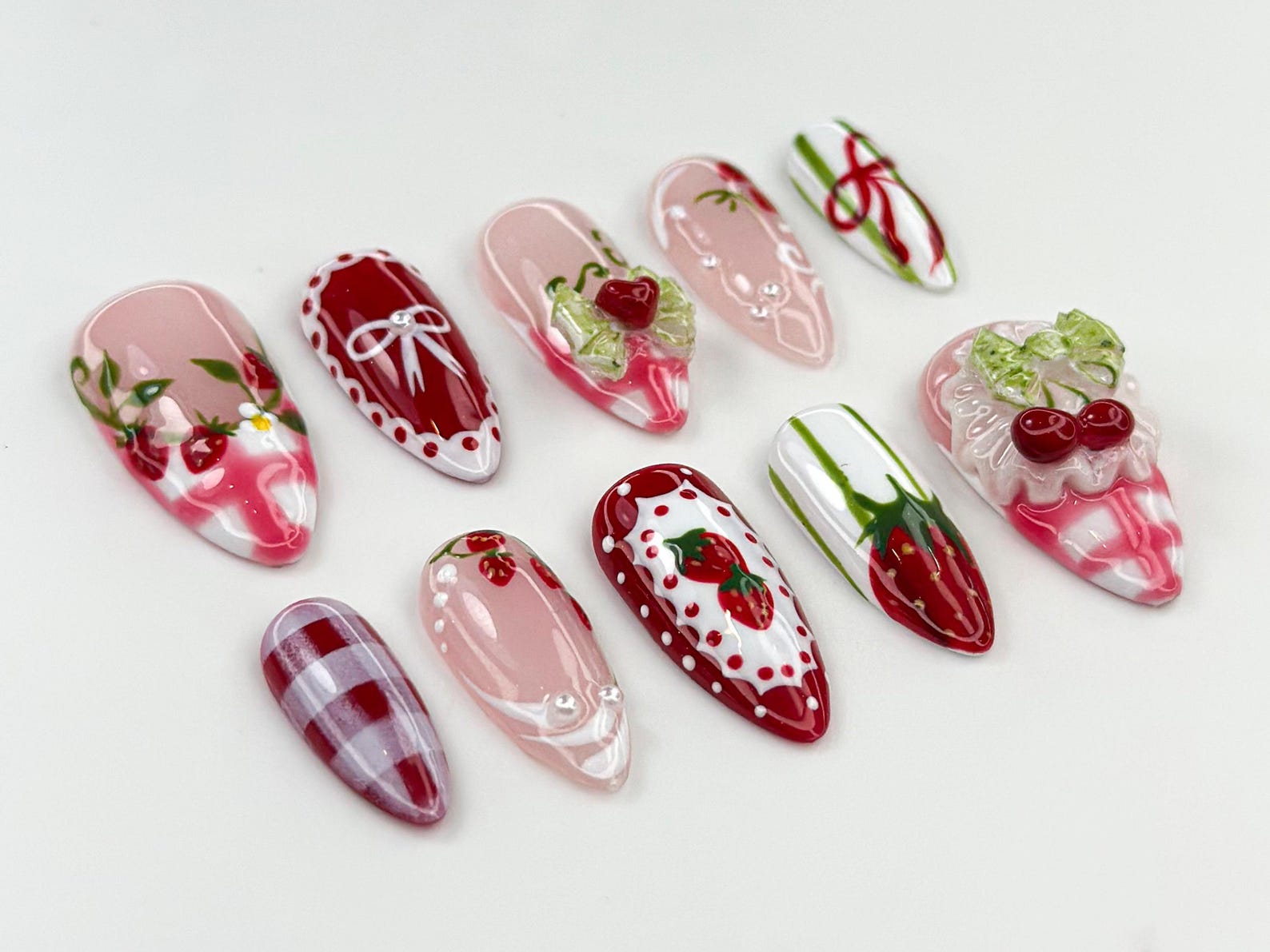 Strawberry Picnic Press on Nails | Cute 3D Strawberry and Bow Nail Art ...