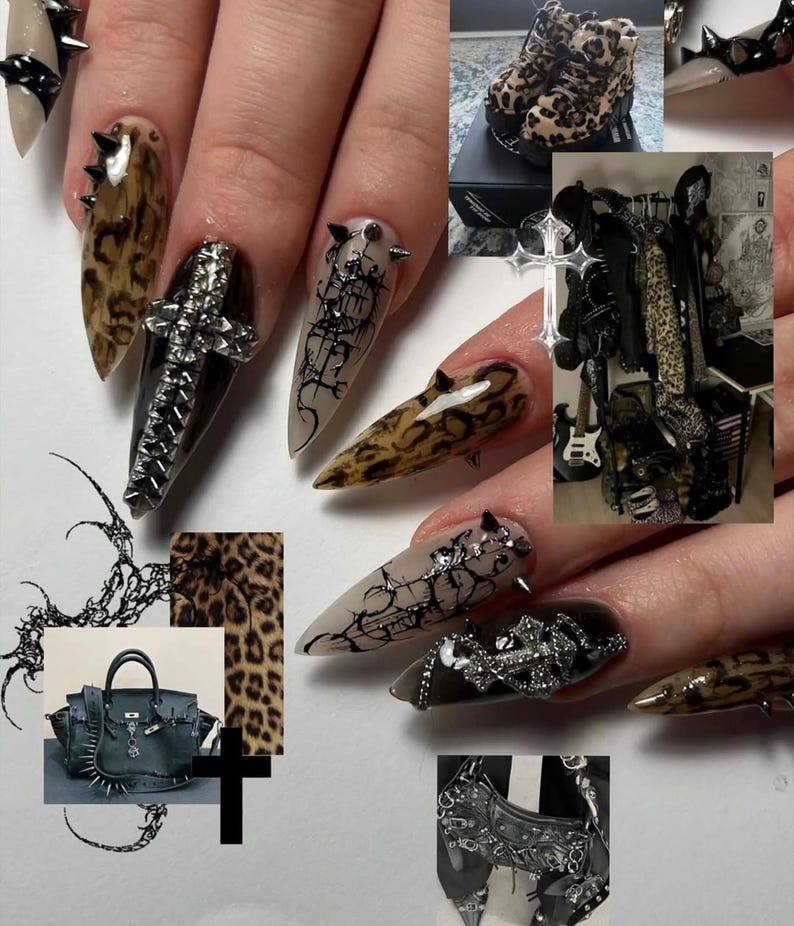 Gothic Punk Stiletto Press on Nails, Leopard Chrome Nail Art,edgy ...