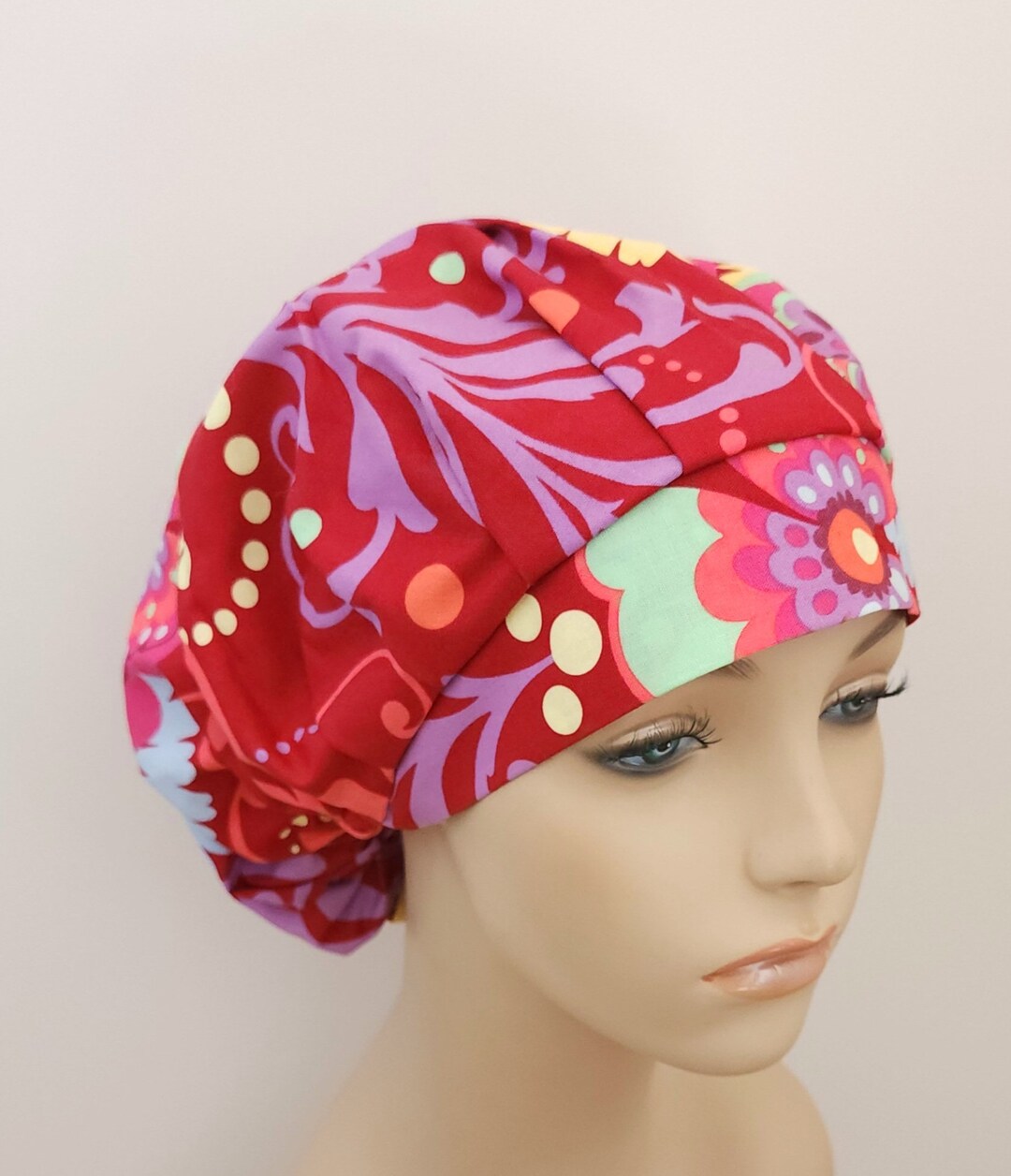 Bouffant Surgical Scrub Hat, Chemo Hat, Red, Amy Butler Flower Garden ...