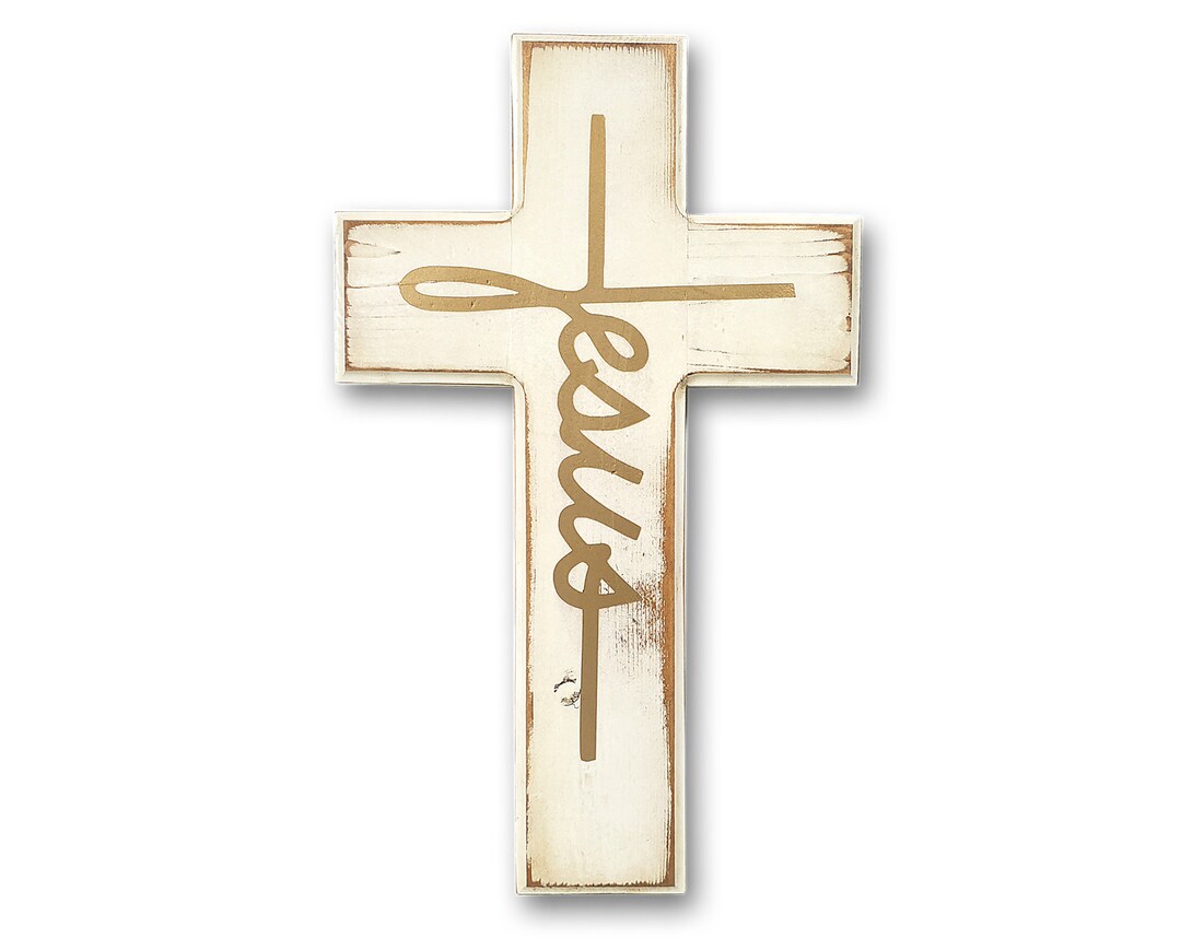 Wooden Cross With Jesus Motif in Gold. Distressed Weathered Painted ...