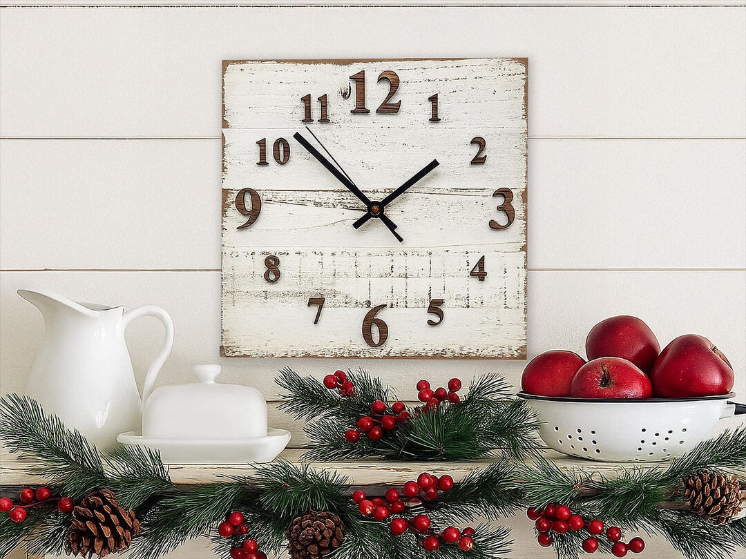 White Wall Clock Distressed White Painted Wood, Rustic Cedar, Oak ...
