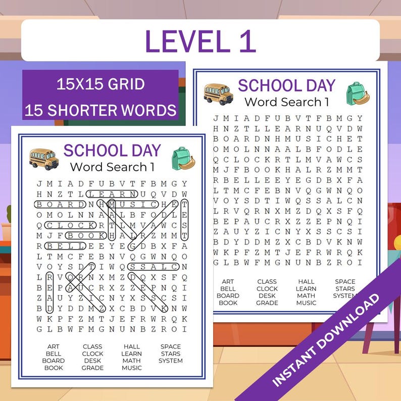 School Word Search Puzzles: Printable Classroom Activity (PDF Download ...