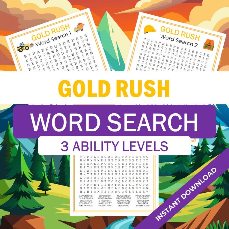 Gold Rush Word Search Puzzle: Printable Birthday Party Game (PDF ...