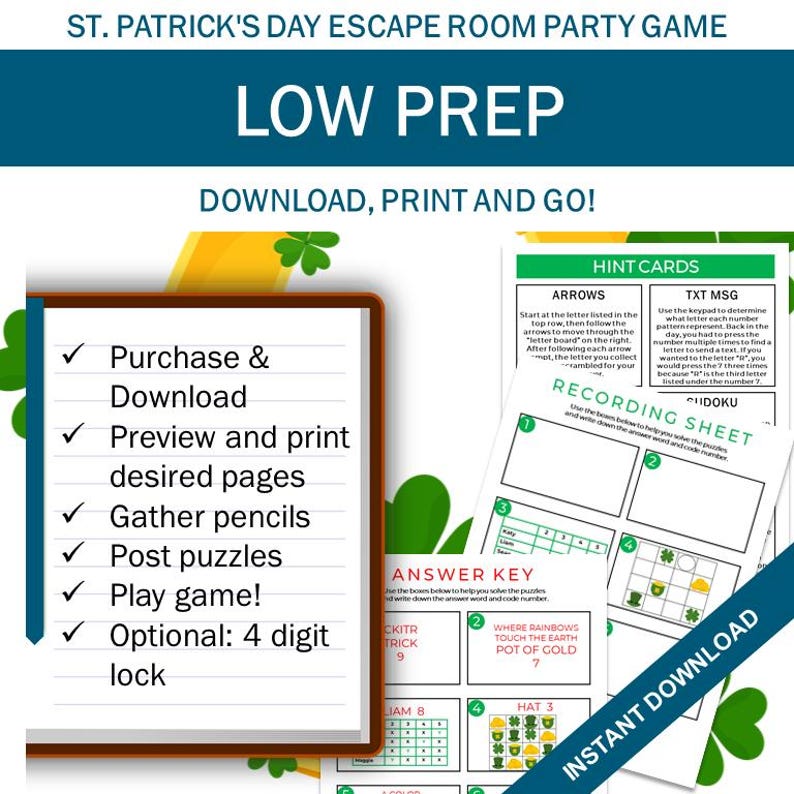 St. Patricks Day Printable Escape Room for Kids | Birthday Party Game ...