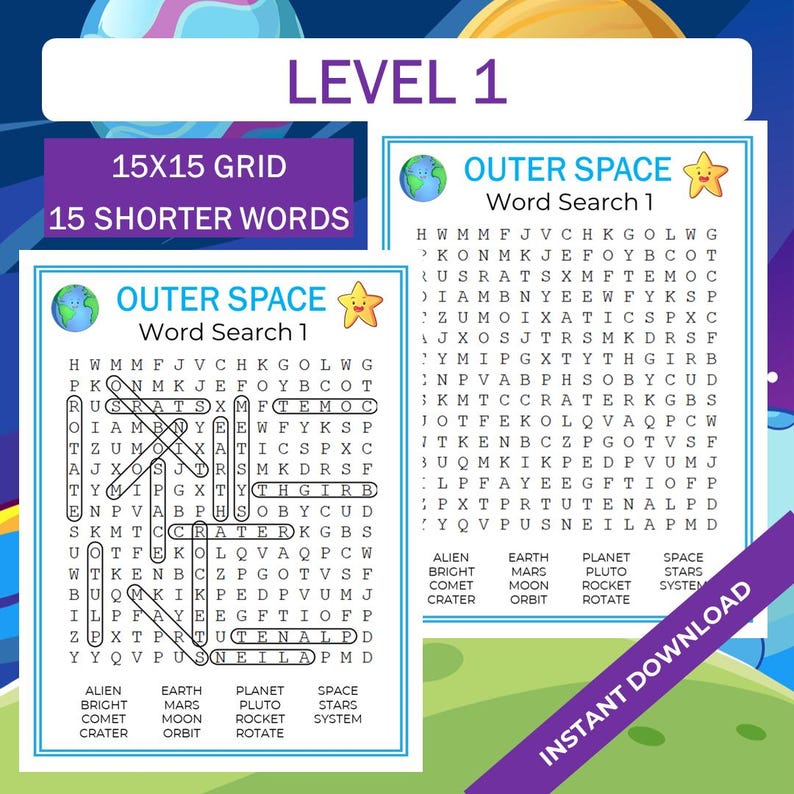 Outer Space Word Search Puzzle: Printable Kids' Activity (PDF Download ...