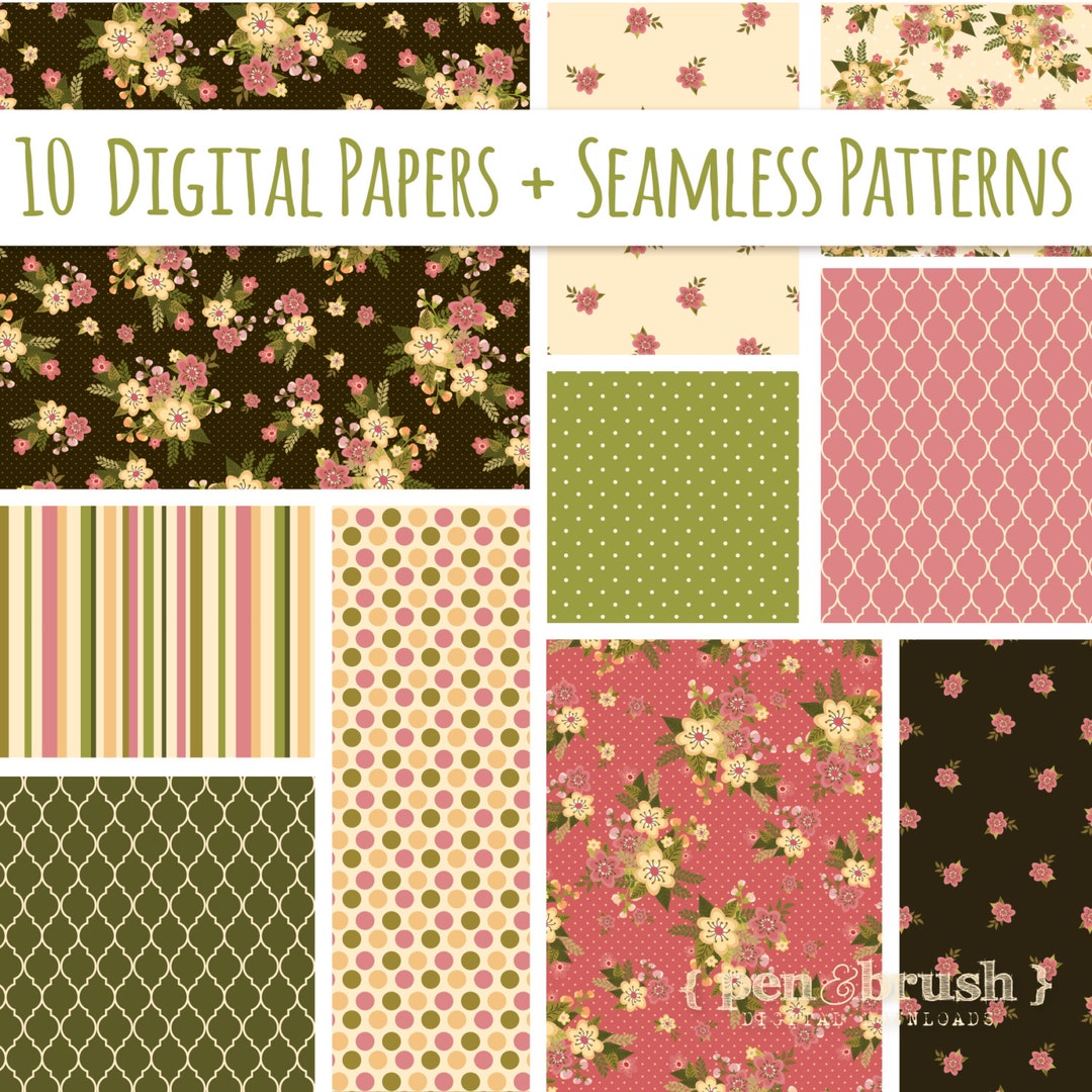 Pink + Black Vintage Paper Pack, Digital Papers, Floral Papers, Floral ...