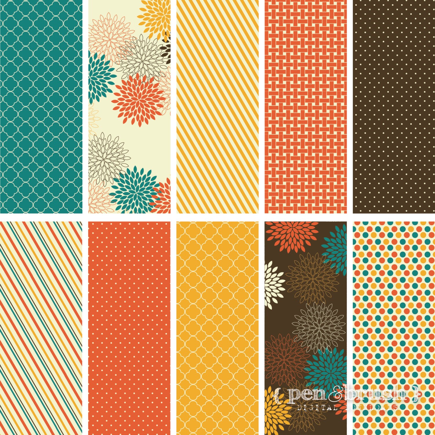 Autumn Digital Paper Pack, Orange Brown Teal, Floral Papers, Mums ...