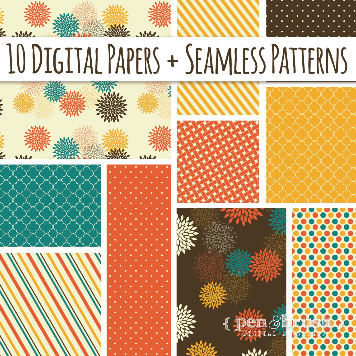 Autumn Digital Paper Pack, Orange Brown Teal, Floral Papers, Mums ...