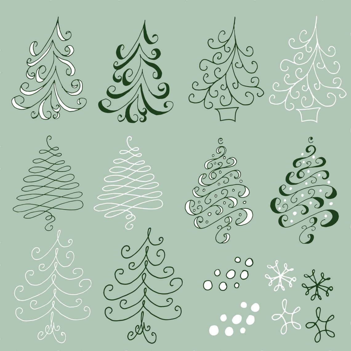 Christmas Tree Clipart Set, Doodle Christmas Tree PNG Files, Christmas ...