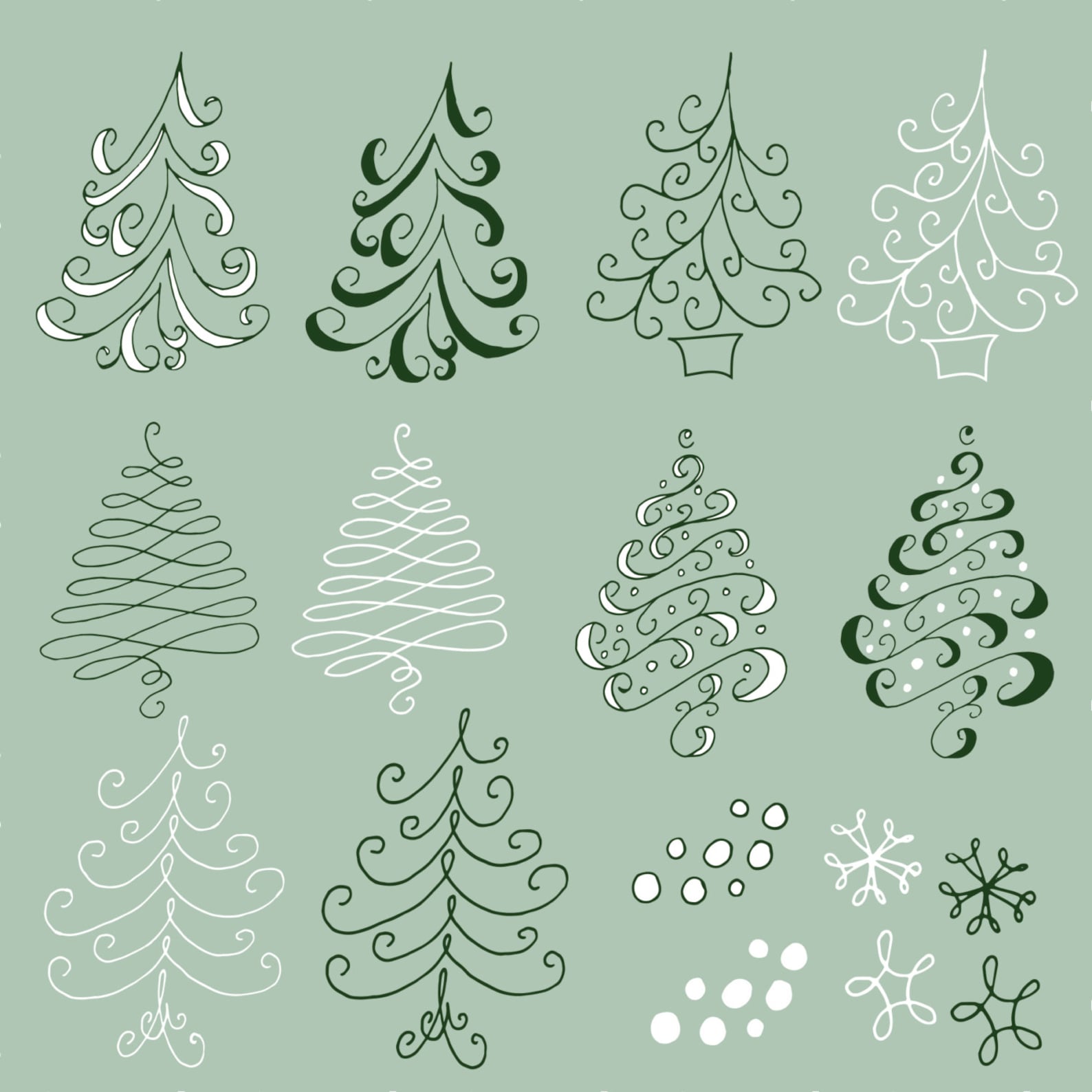 Christmas Tree Clipart Set, Doodle Christmas Tree PNG Files, Christmas ...