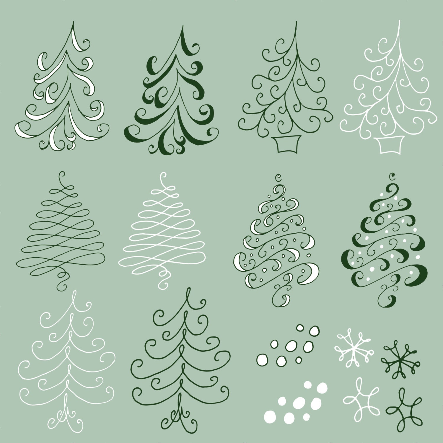 Christmas Tree Clipart Set, Doodle Christmas Tree PNG Files, Christmas ...