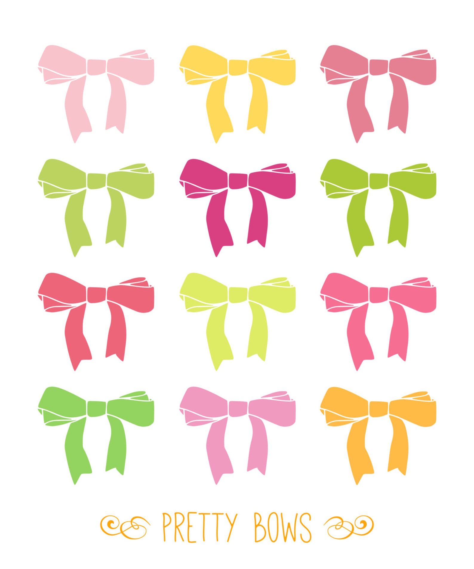Bow Clipart Set, 12 Cute Clipart Bows in Pink Green Yellow, Bows ...