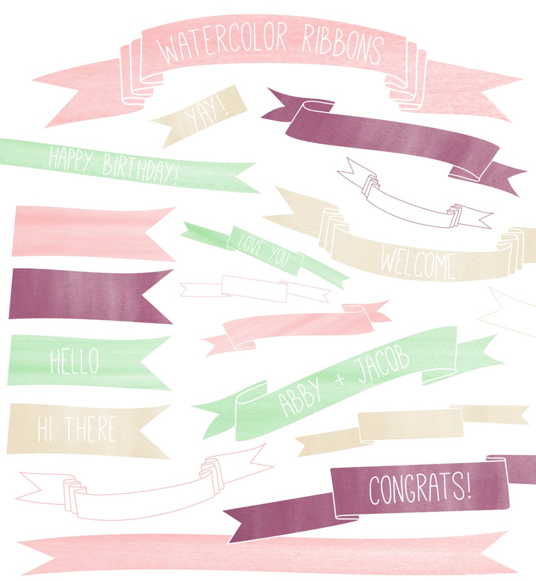 Watercolor Clipart Ribbons, Watercolor Banners Clipart, Hand Painted ...