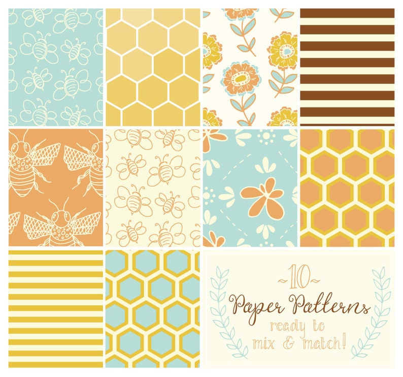 Honey Bee Digital Paper Pack // Cute Bumble Bee Papers PNG JPG Seamless ...