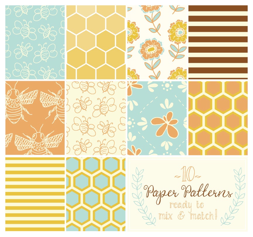 Honey Bee Digital Paper Pack // Cute Bumble Bee Papers PNG JPG Seamless ...