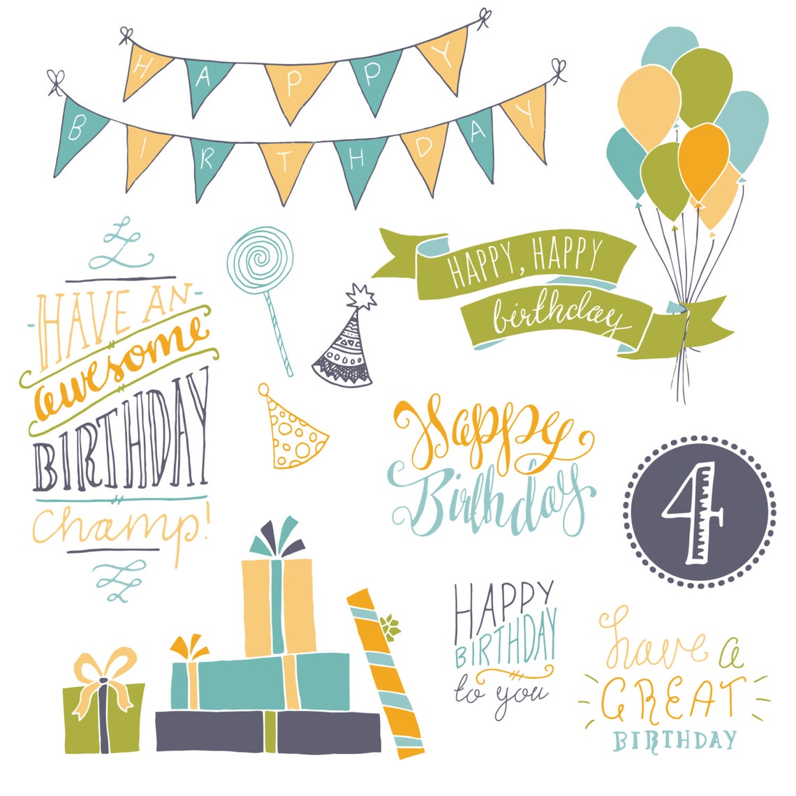 Happy Birthday Clip Art Set // Hand Lettering Word Art // Photoshop ...
