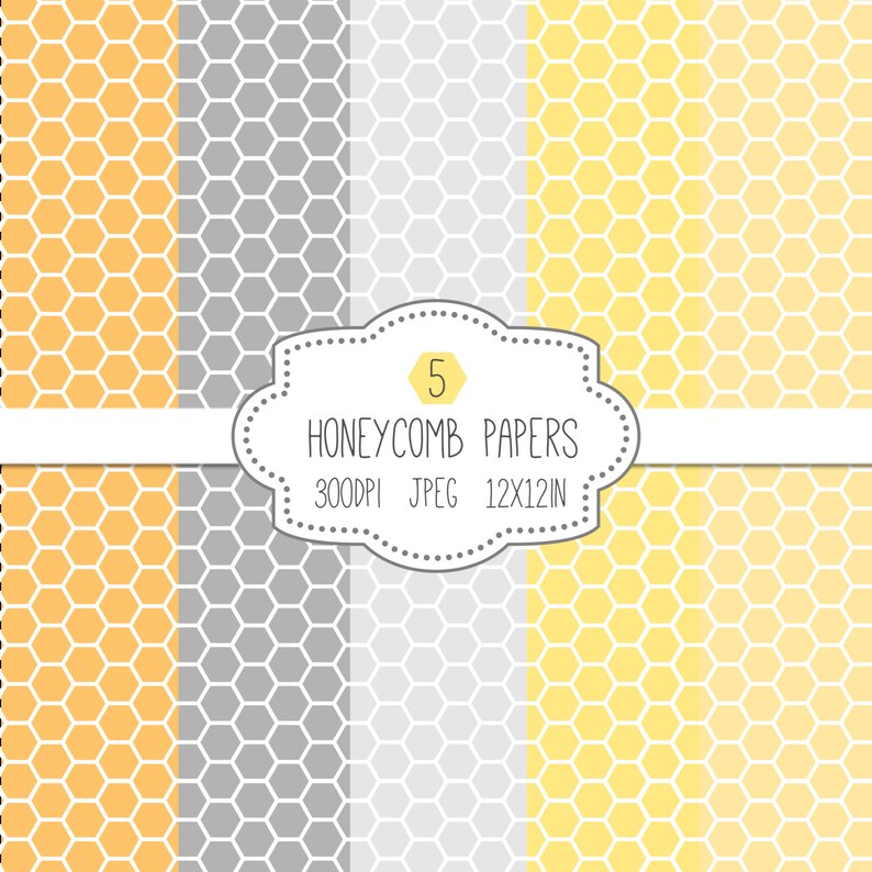 Honeycomb Paper Pack // Digital Pattern Papers // Yellow Gray Grey ...