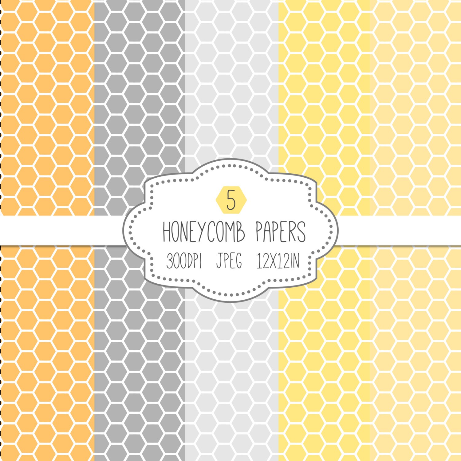 Honeycomb Paper Pack // Digital Pattern Papers // Yellow Gray Grey ...