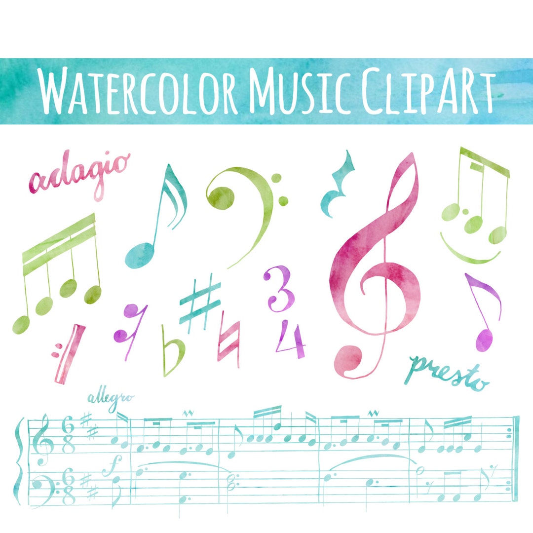 Watercolor Clipart Music Notes, Music Clipart, Treble Clef, Music Staff ...