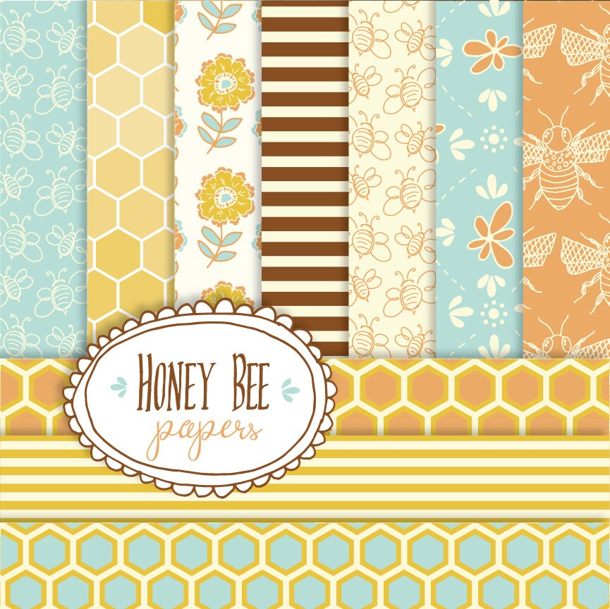 Honey Bee Digital Paper Pack // Cute Bumble Bee Papers PNG JPG Seamless ...