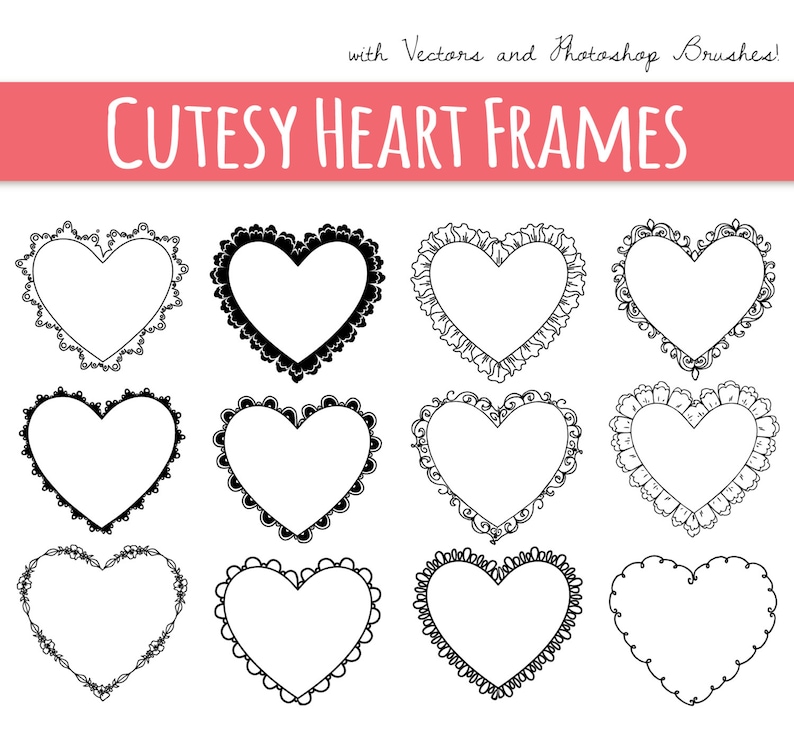 Heart Frames Clipart Set, 12 Digital Frame Clipart, Doodle Frames ...