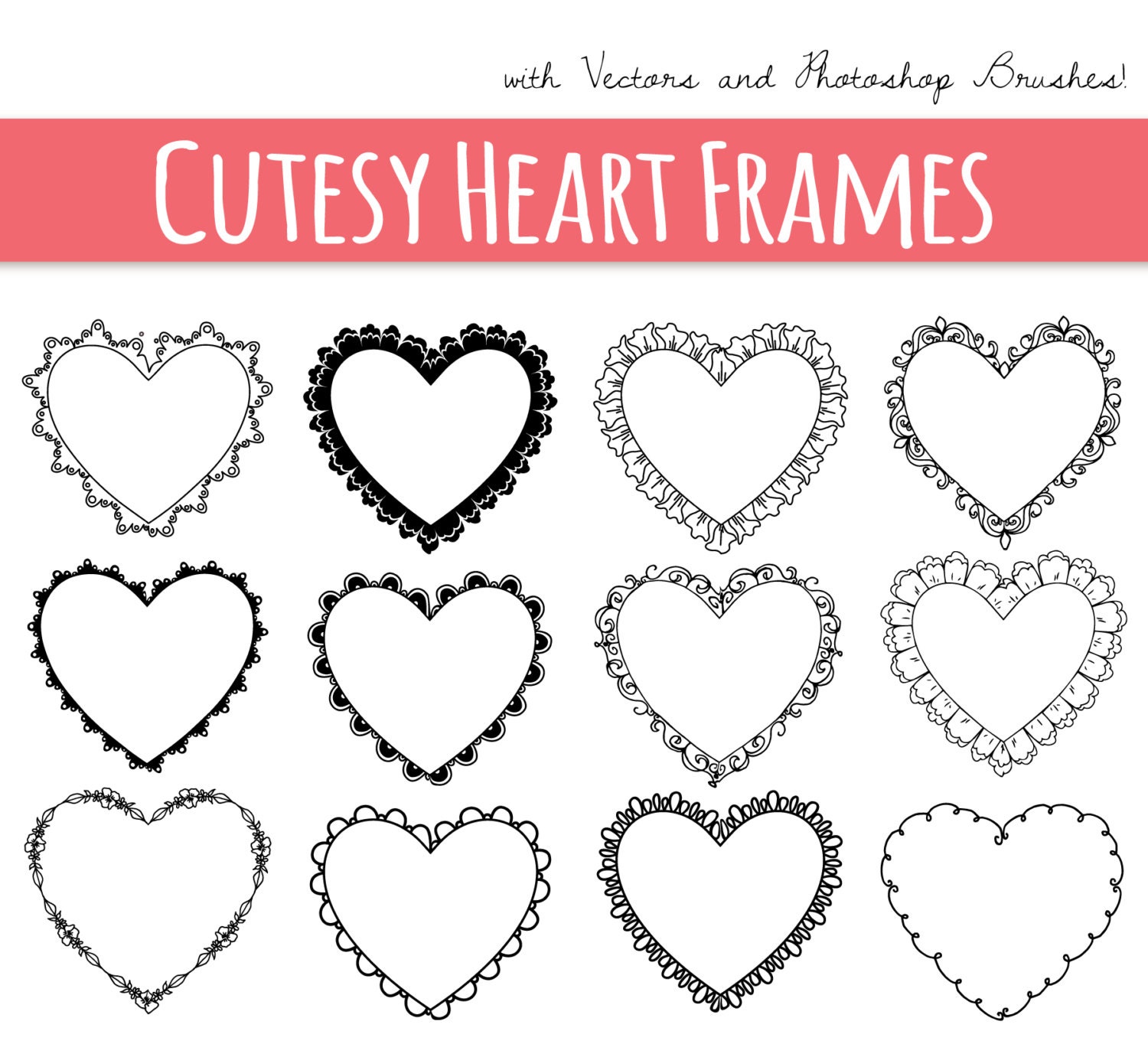 Heart Frames Clipart Set, 12 Digital Frame Clipart, Doodle Frames ...