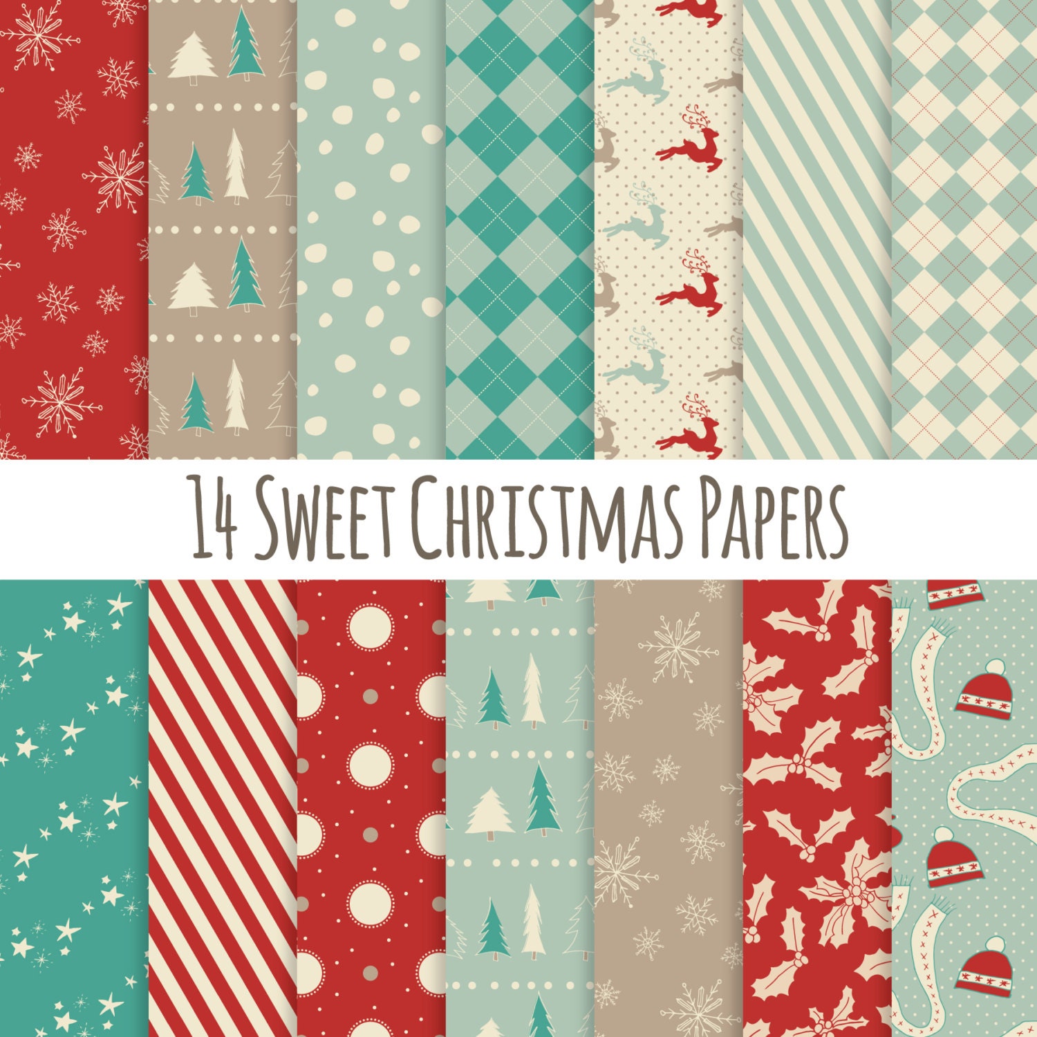 Christmas Digital Paper Pack, 14 Sweet Digital Christmas Papers ...
