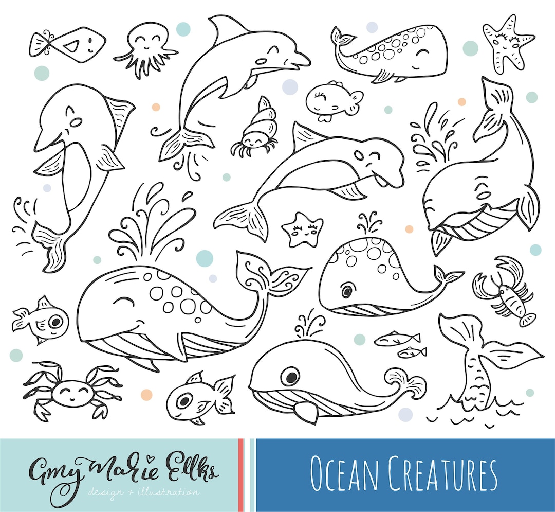 Dolphin Clipart, Whale Clipart, Set of Cute Sea Animals, Doodle Clipart ...