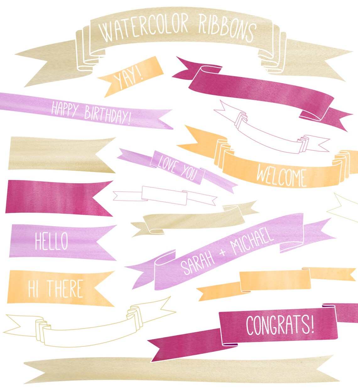 Watercolor Clipart Banners, Watercolor Banner Clipart, Painted, Ribbons ...