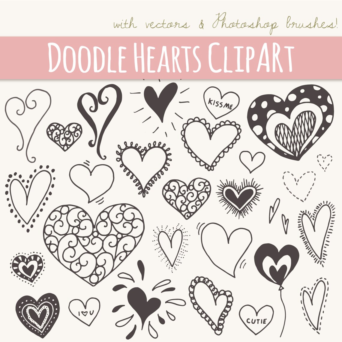 Doodle Heart Clipart Set, 28 Cute Heart Doodles, Valentines Clipart ...