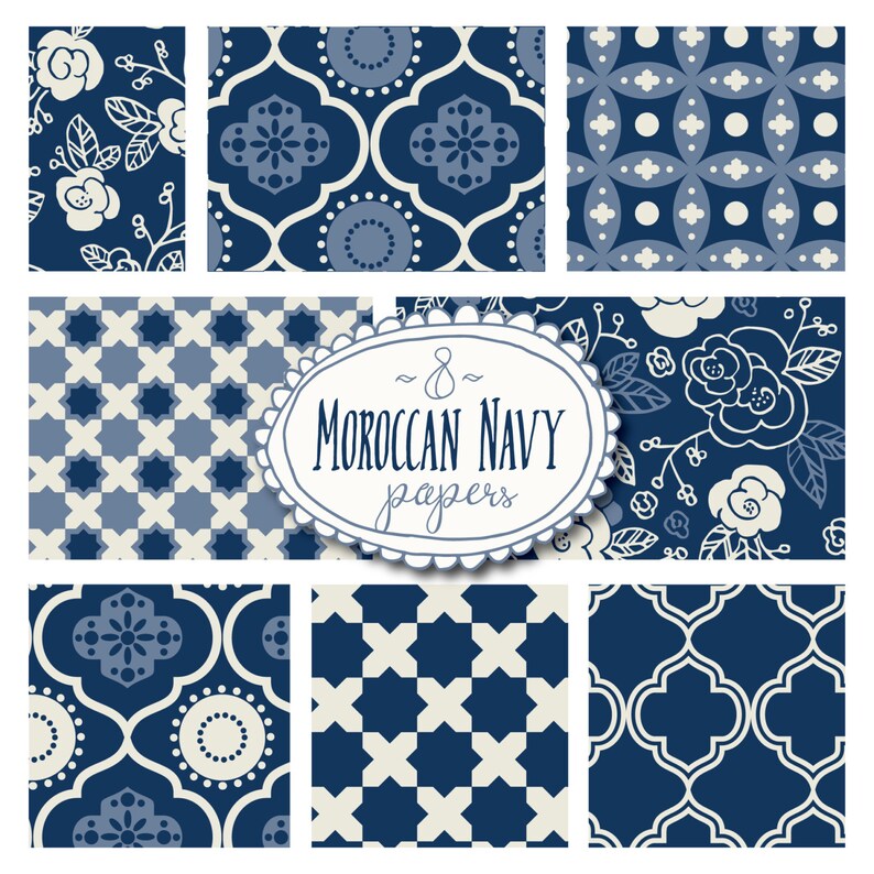 Moroccan Digital Paper Pack, Navy Blue and White Digital Papers ...