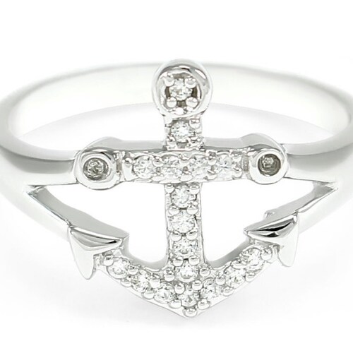 Anchor Ring With Simulated Diamonds // Anchor Ring // Silver - Etsy