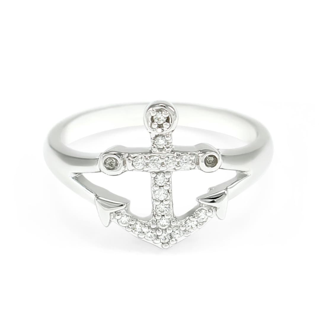 Anchor Ring With Simulated Diamonds // Anchor Ring // Silver Ring ...