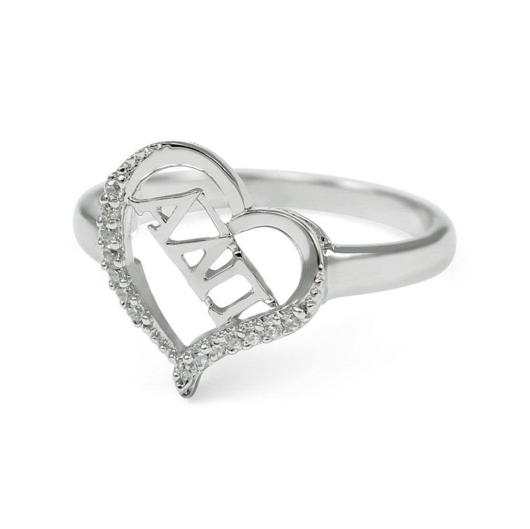 Alpha Delta Pi Sterling Silver Heart Ring With Simulated Diamonds ...