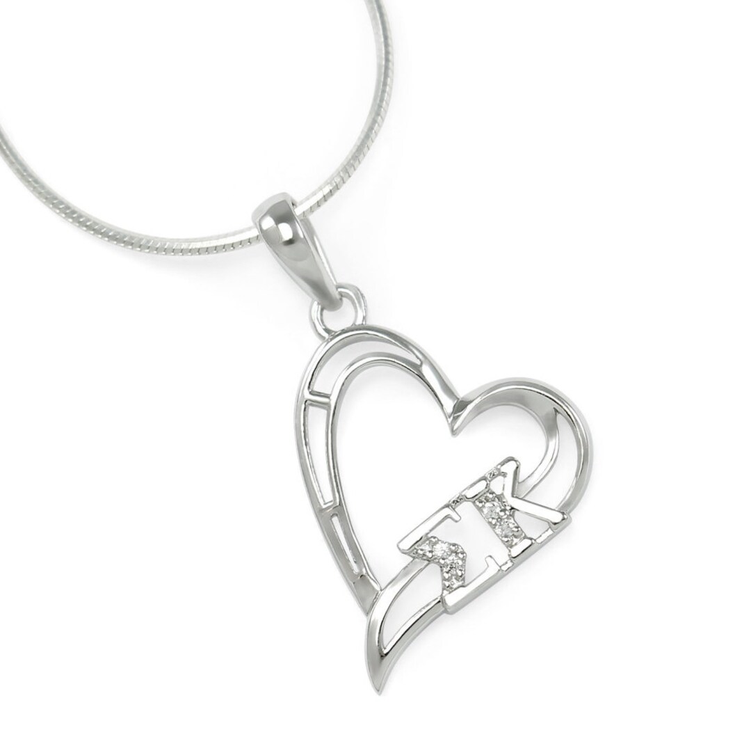 Sigma Kappa Sterling Silver Heart Pendant Set With Simulated Diamonds ...