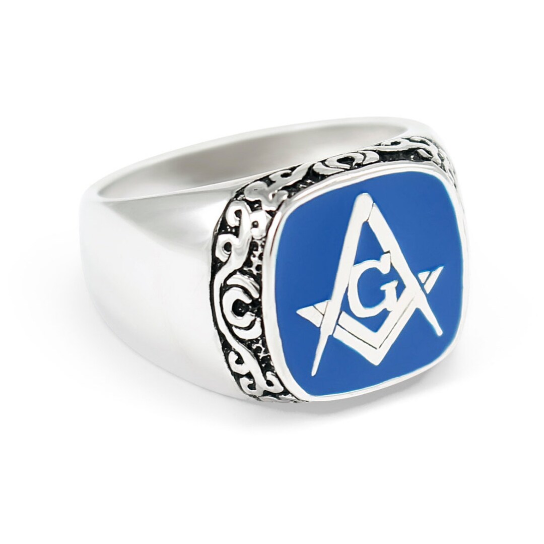 Classic Sterling Silver (blue) Masonic Ring With Square and Compass ...