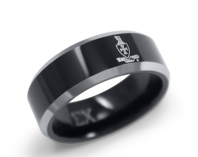 Sigma Chi Black Tungsten Fraternity Ring With Crest and Greek Letters ...