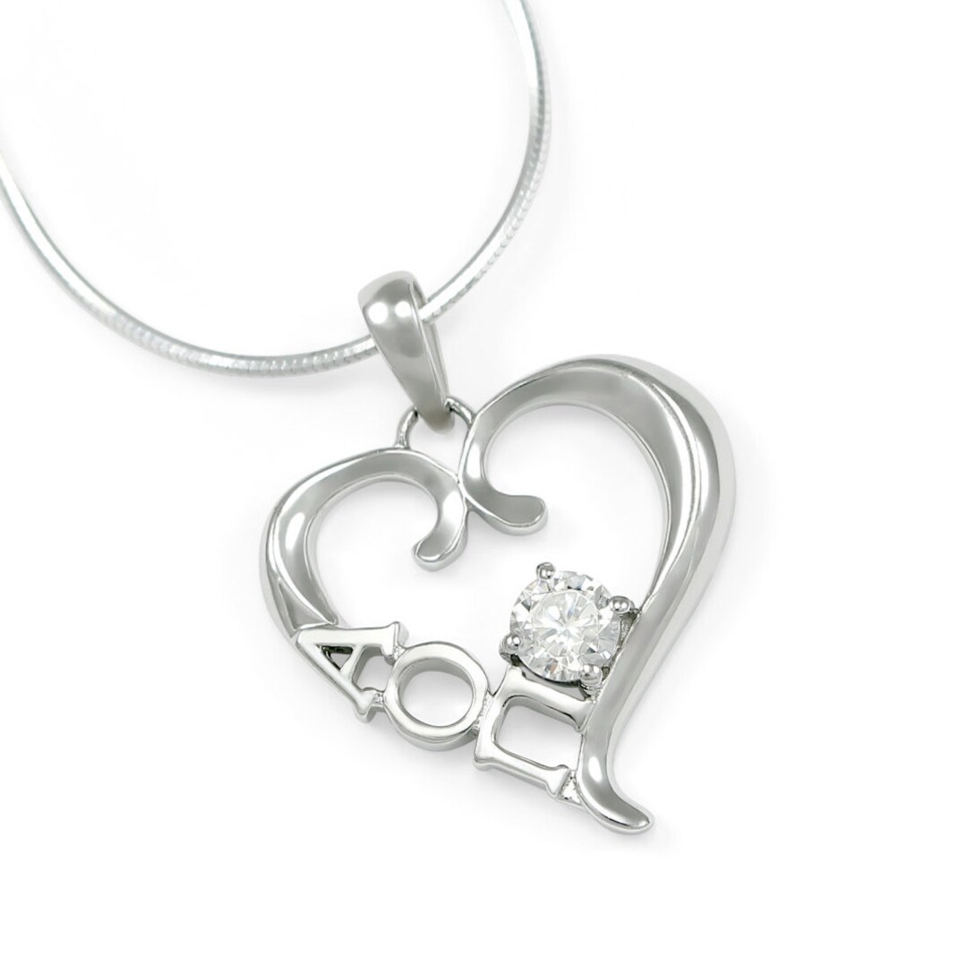 Alpha Omicron Pi Sterling Silver Heart Pendant Set With a Clear Crystal ...