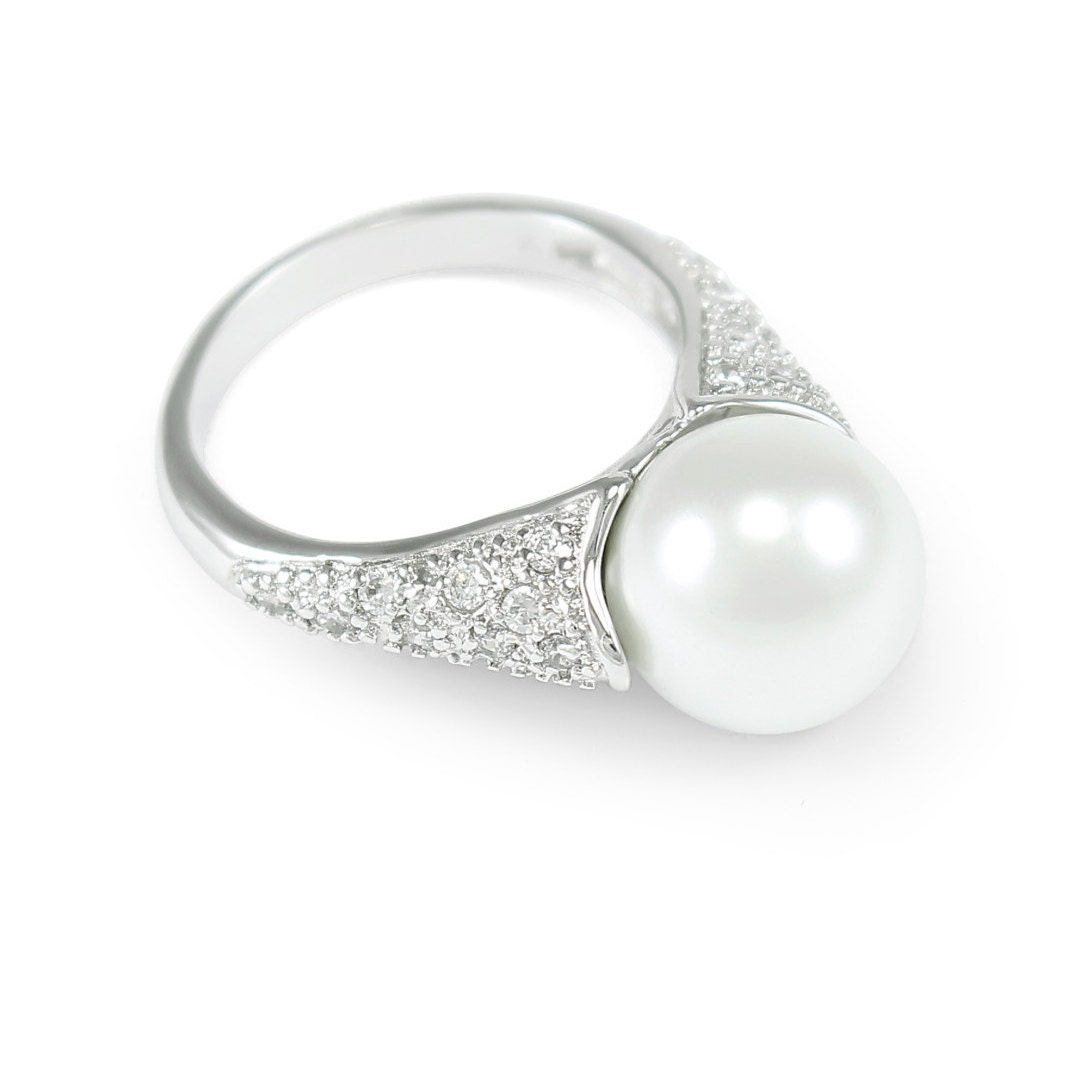Ethereal Pearl Ring With Simulated Diamonds // Pearl Ring // - Etsy
