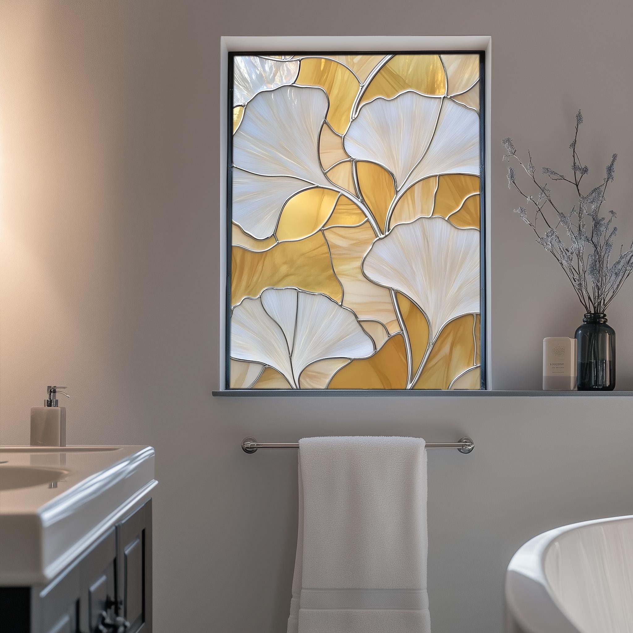 Stained Glass Premium Window Film, Custom Size, Frosted - Gingko Leaves ...