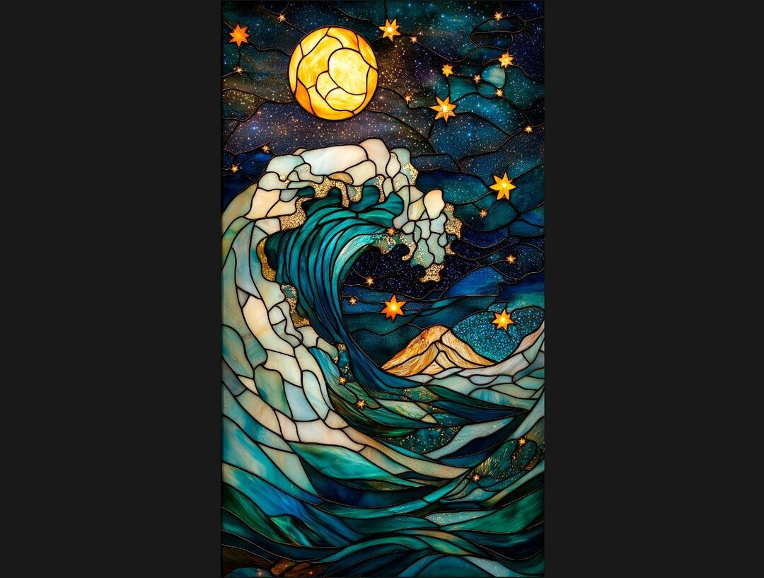 Stained Glass Custom Size Window Cling Film - Starry Night Ocean Wave ...
