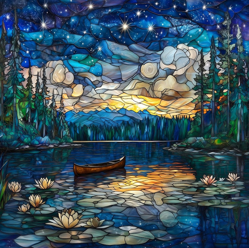 Canoe Lily Pads at Night - Stained Glass Premium Window Film, Custom ...