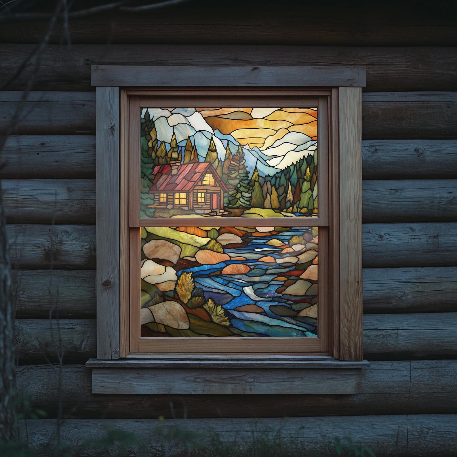 Stained Glass Premium Window Film, Custom Size, Frosted- Mountain Cabin ...