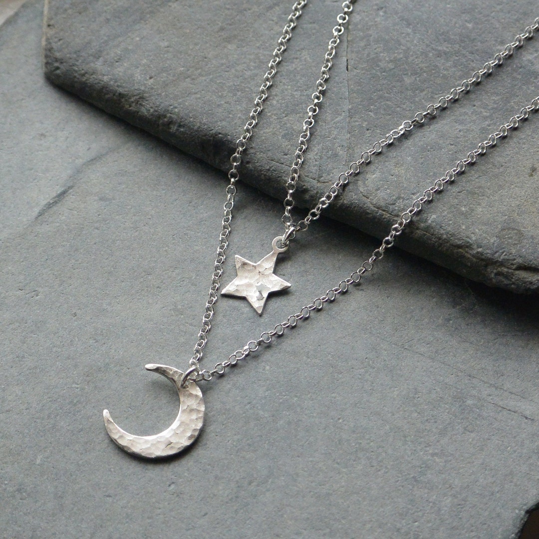 Sterling Silver Hammered Moon and Star Necklace Set, Layering Necklaces ...