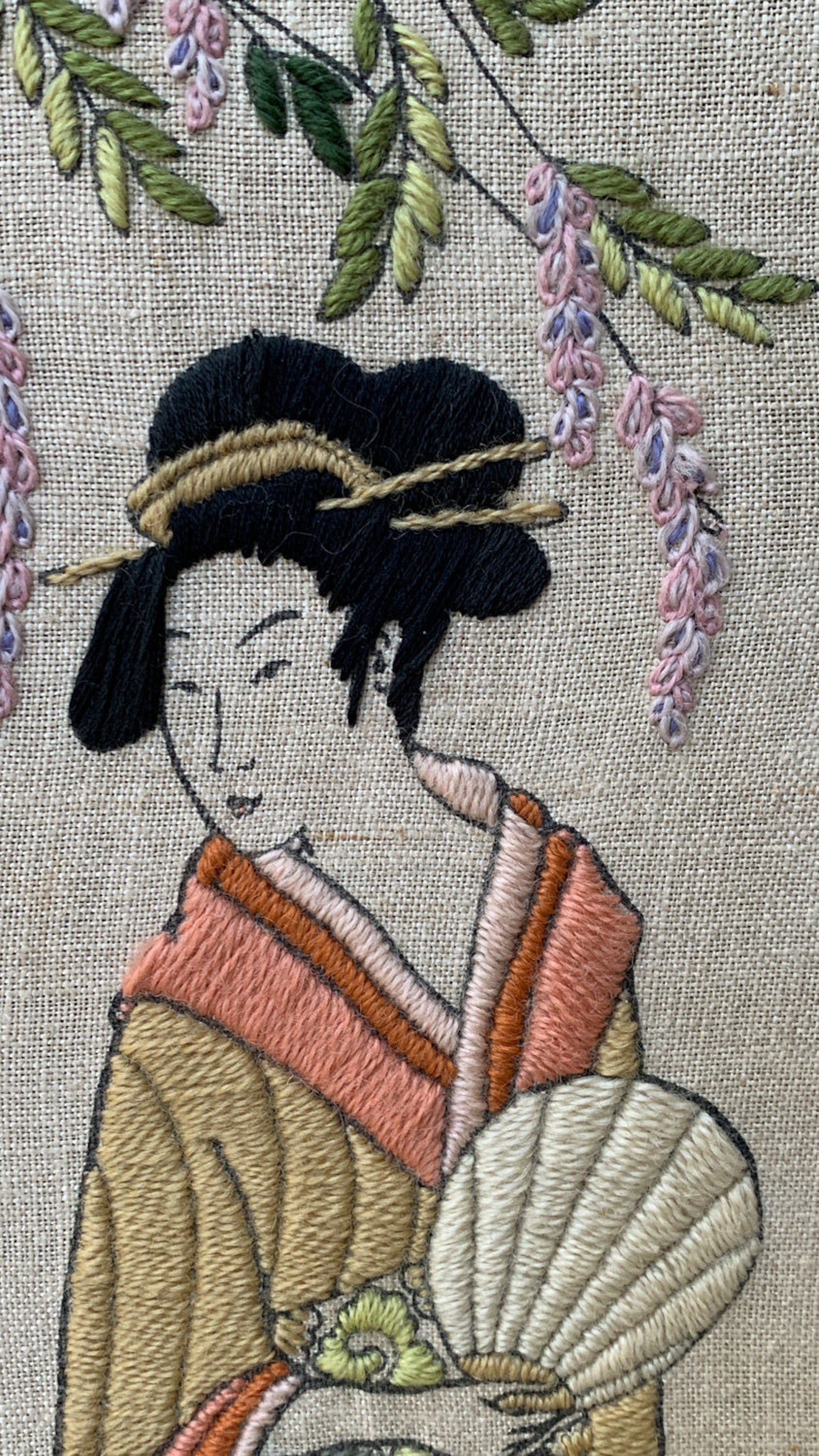 Crewel Geisha Asian Linen Vintage Art 1977 Pastel Wall Decor - Etsy