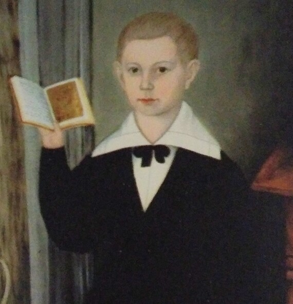 Vintage Litho Primitive Colonial Child Portrait Boy W/ Book | Etsy