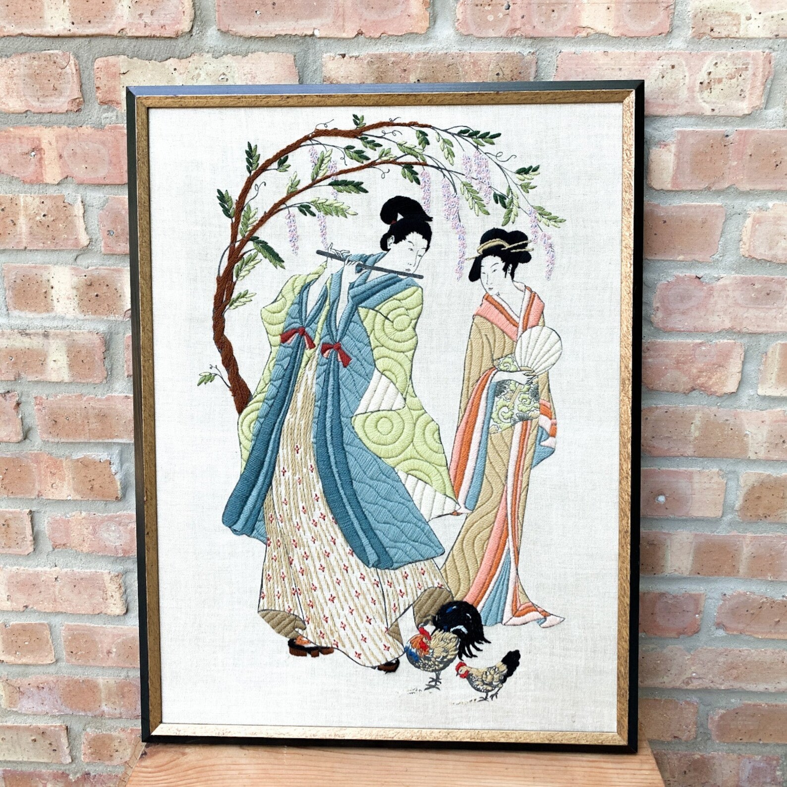 Crewel Geisha Asian Linen Vintage Art 1977 Pastel Wall Decor - Etsy