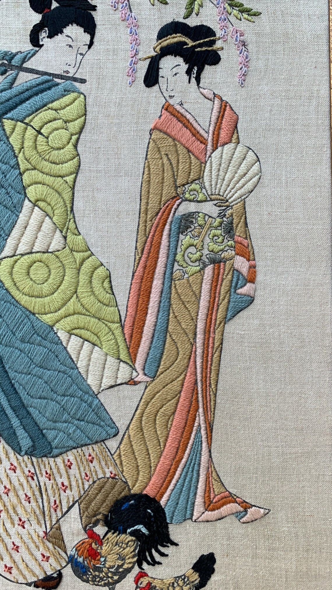 Crewel Geisha Asian Linen Vintage Art 1977 Pastel Wall Decor - Etsy