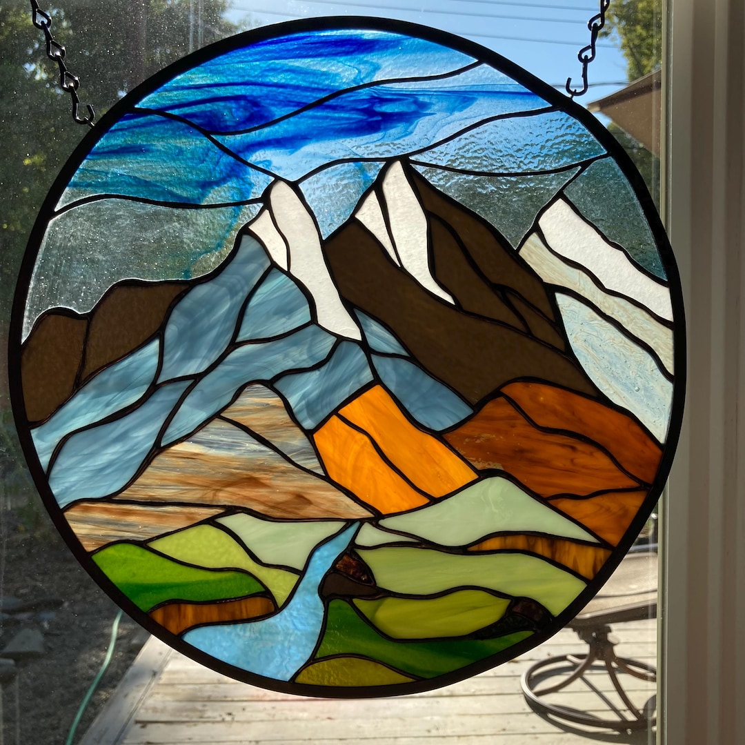 Stained Glass Mountain Window, Handmade Window Decor, Utah Mountains v ...